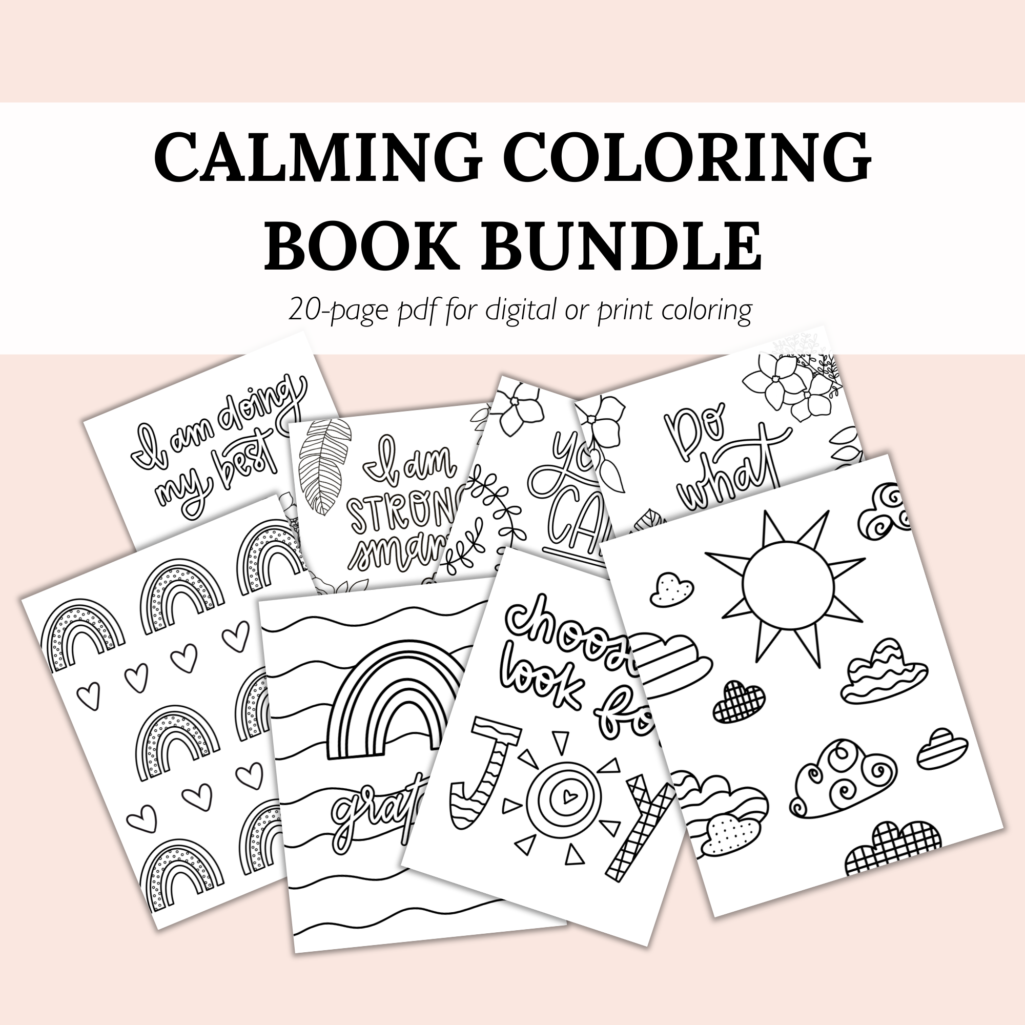 Calming Coloring Page Bundle, 20 Hand-Illustrated Pages